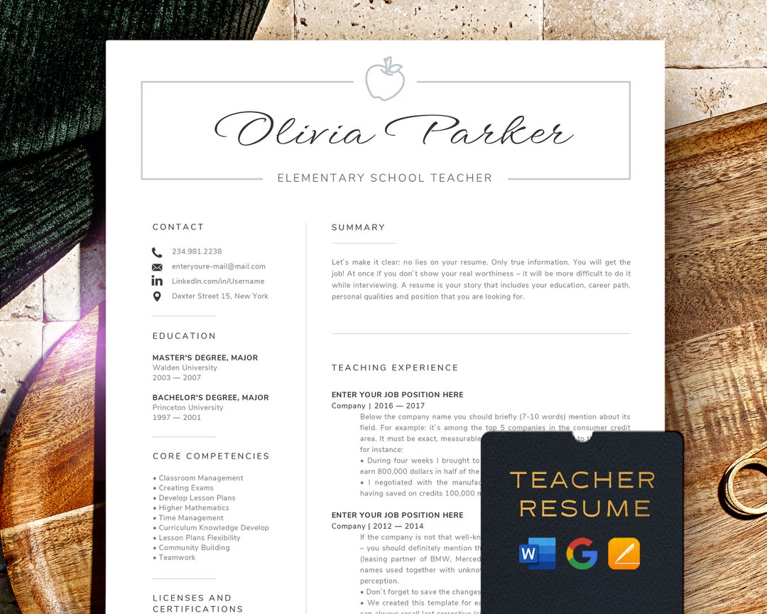 Resume Template Teacher Resume Google Docs, Word and Pages, Elementary ...