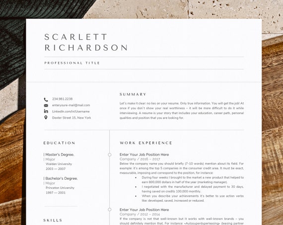 Professional One Page Resume Template Word 2 Page Version - Etsy