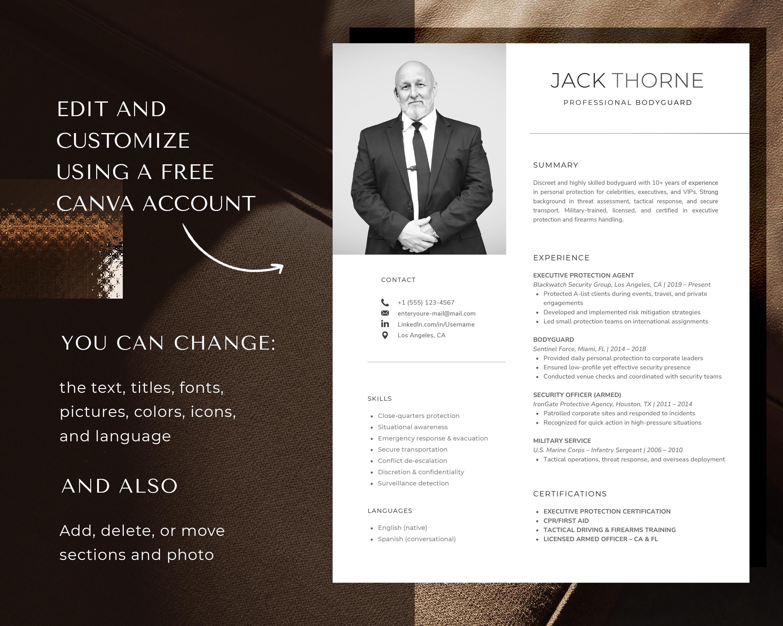 Bodyguard Resume Template, Security Staff Cv Template for Canva, Safety ...