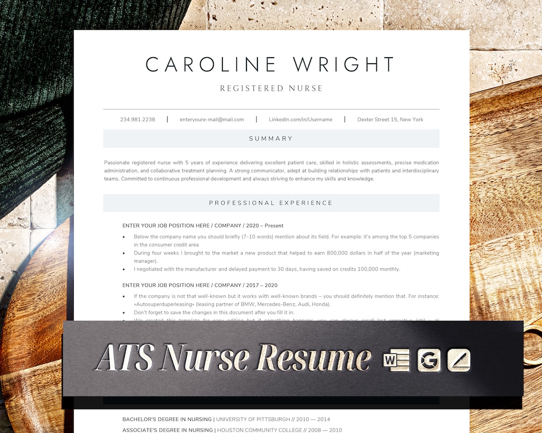 ATS Nurse Resume Template, Nursing Resume Google Docs, Word and Apple ...