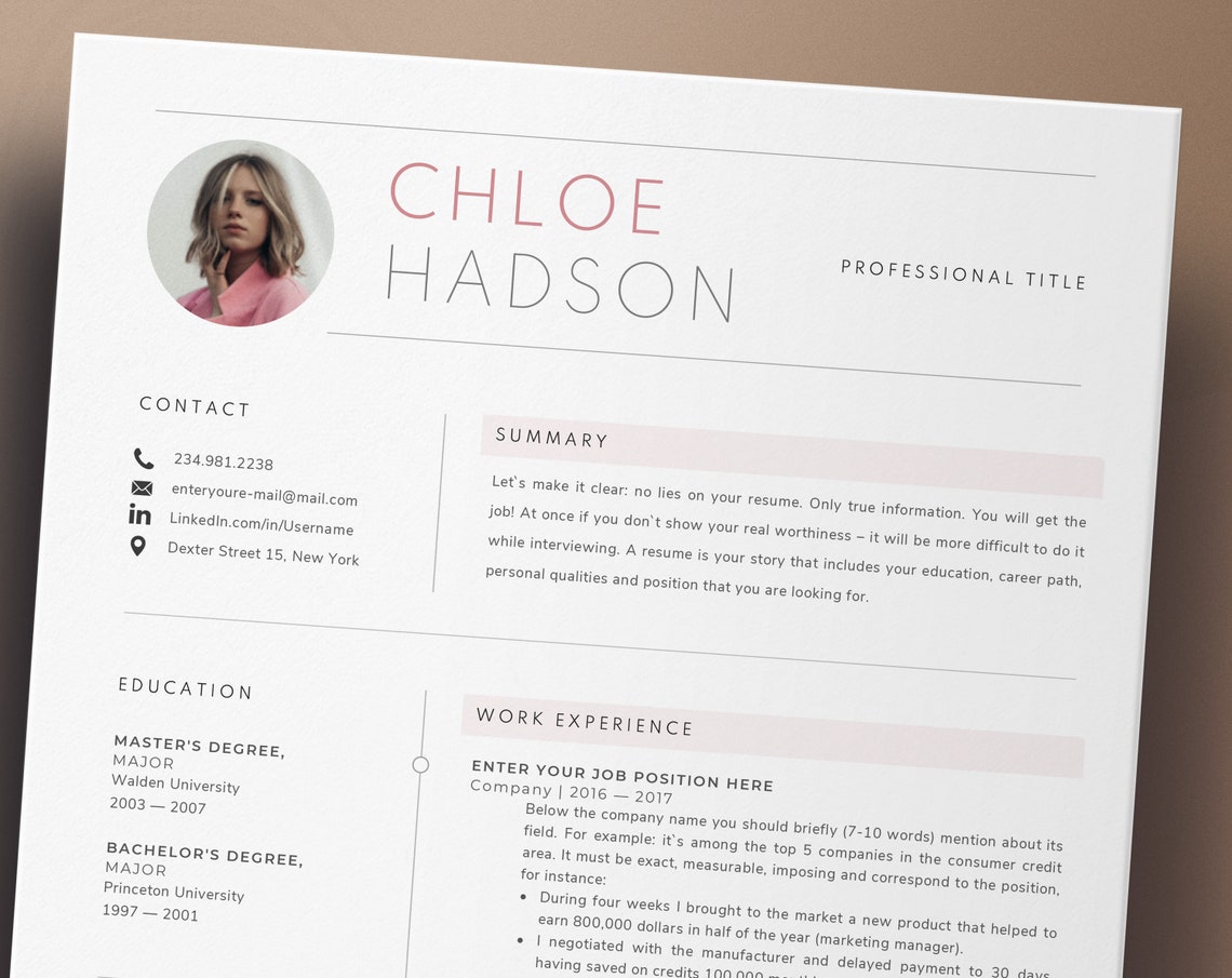 Pink Resume Template Word Mac Pages Rose Creative Resume - Etsy