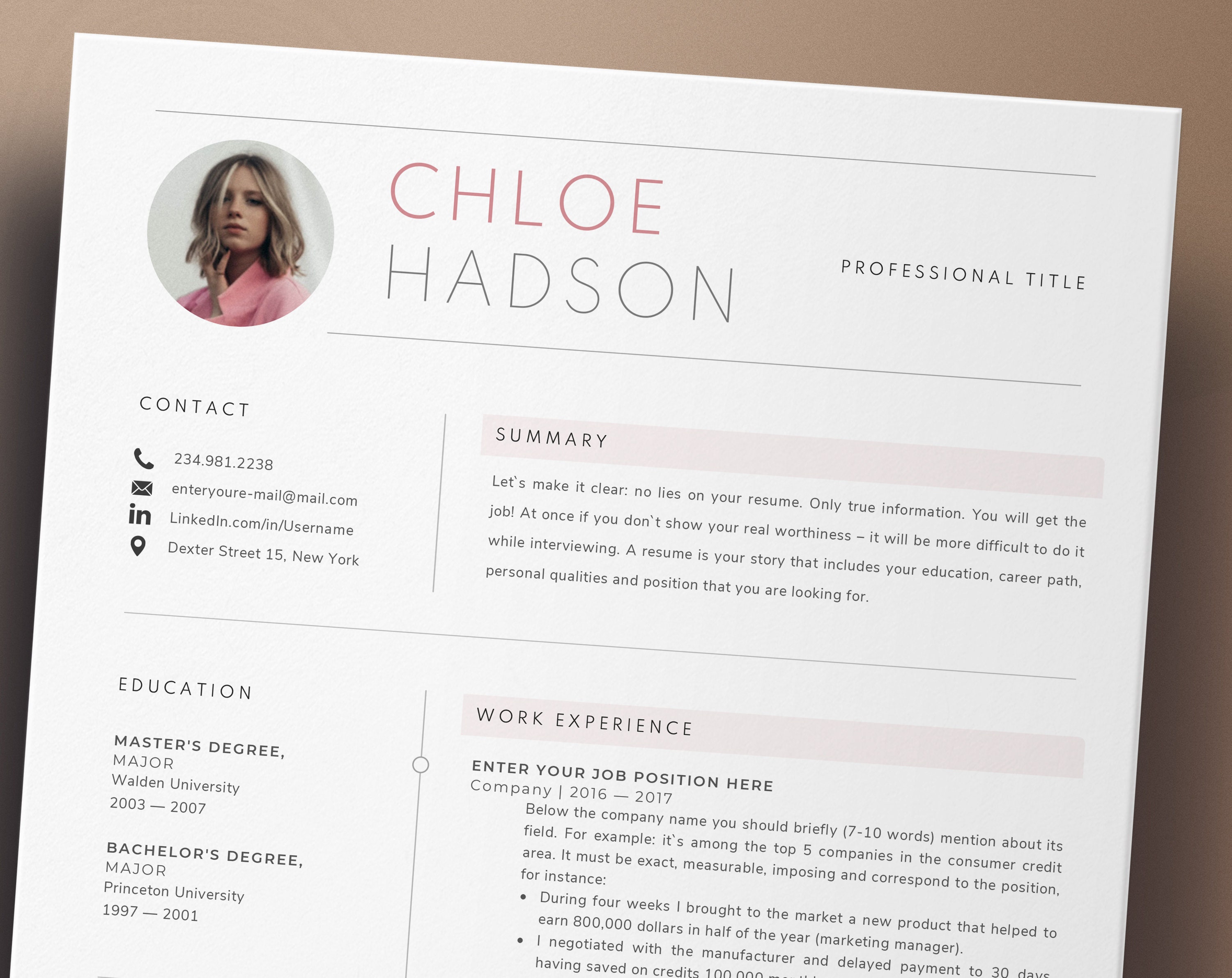 Pink Resume Template Word + Mac Pages | Rose Creative Resume Templates ...