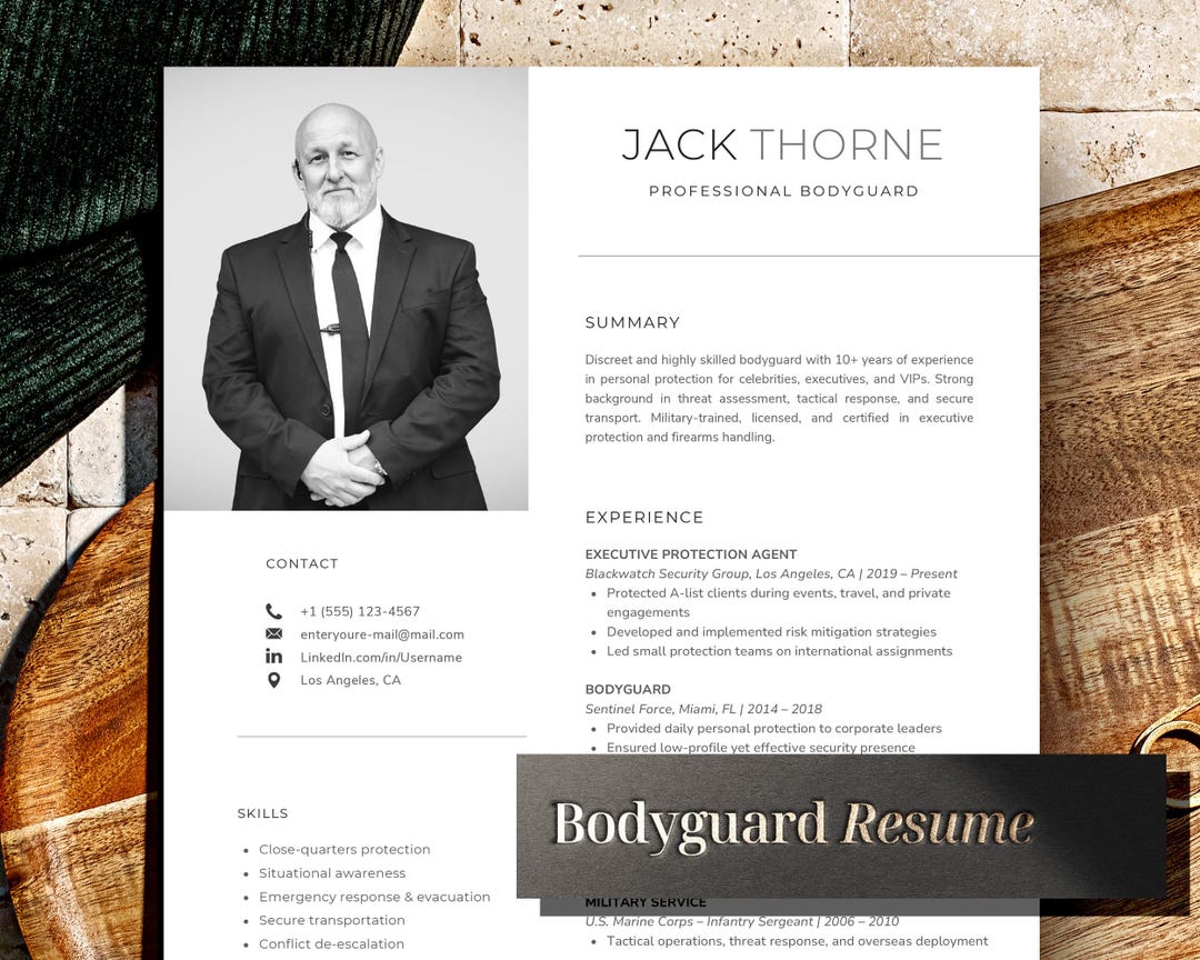 Bodyguard Resume Template, Security Staff Cv Template for Canva, Safety ...