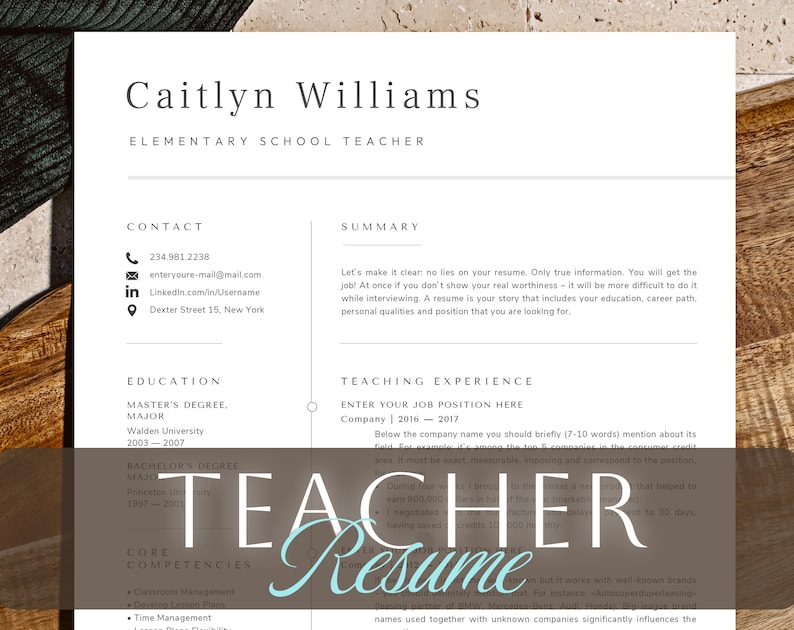 Teaching Resume Template Word and Pages, Elementary Teacher Resume ...