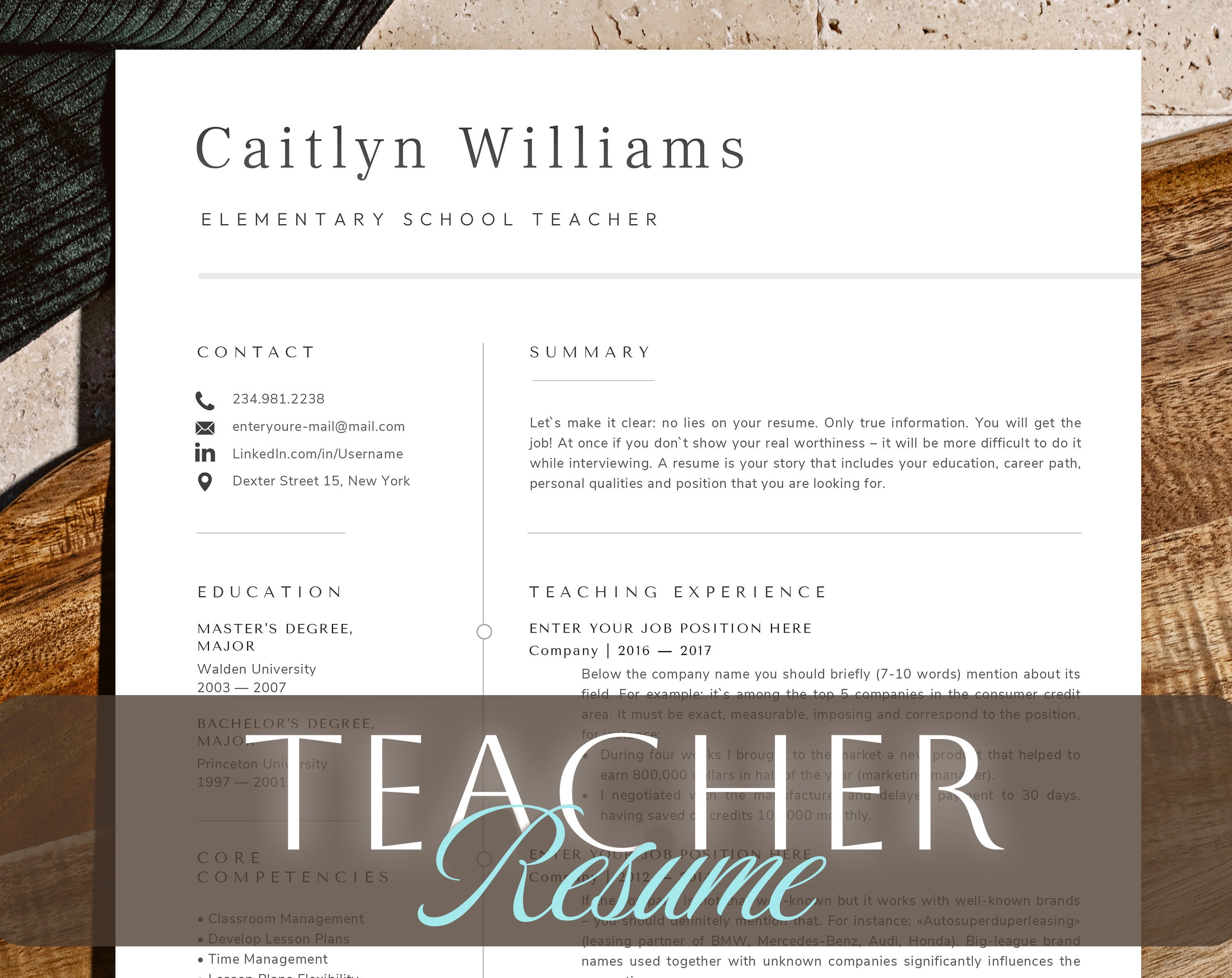 Teaching Resume Template Word and Pages, Elementary Teacher Resume ...
