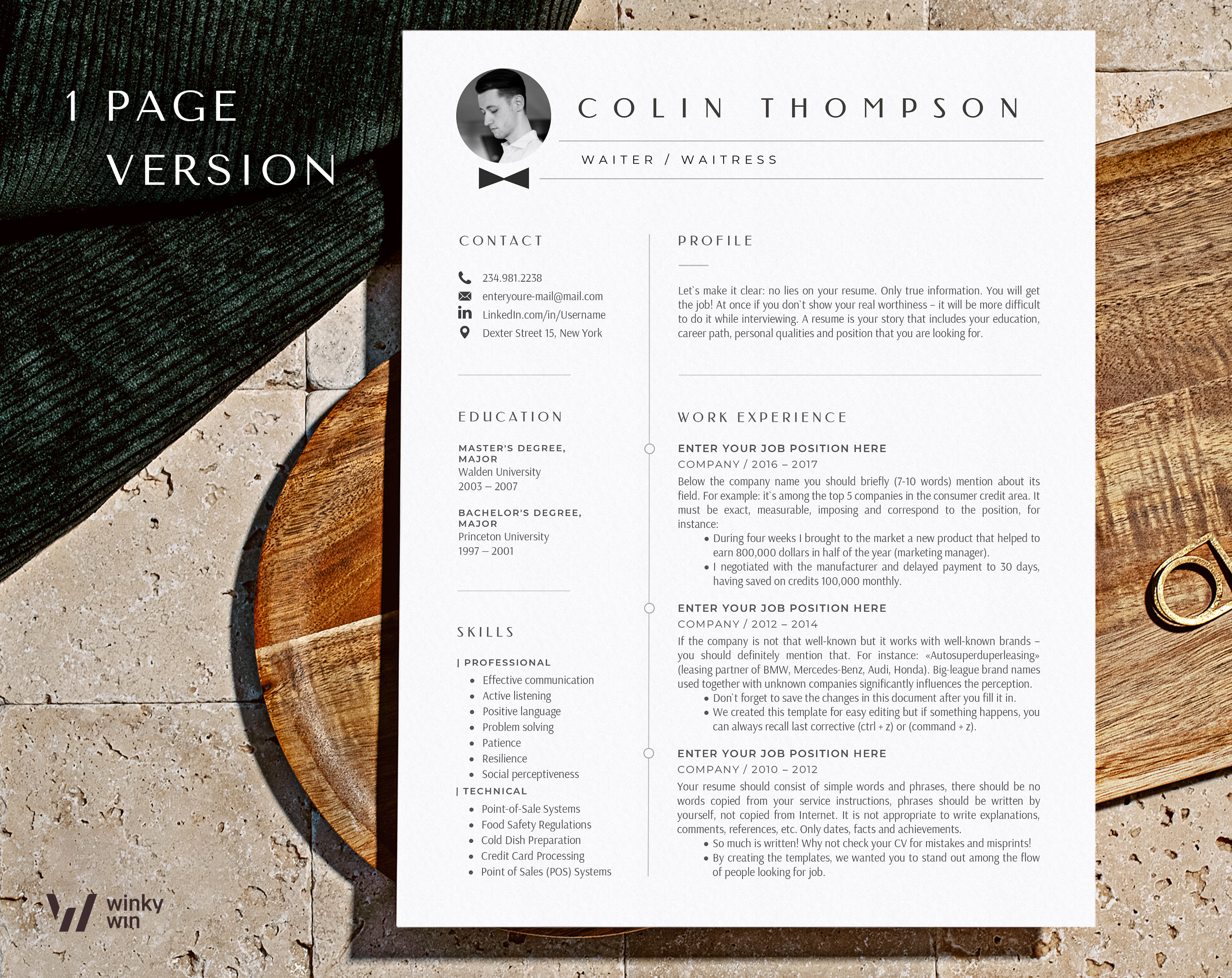 Waiter / Waitress Resume Template Word, Resume Cv Template Waiter ...