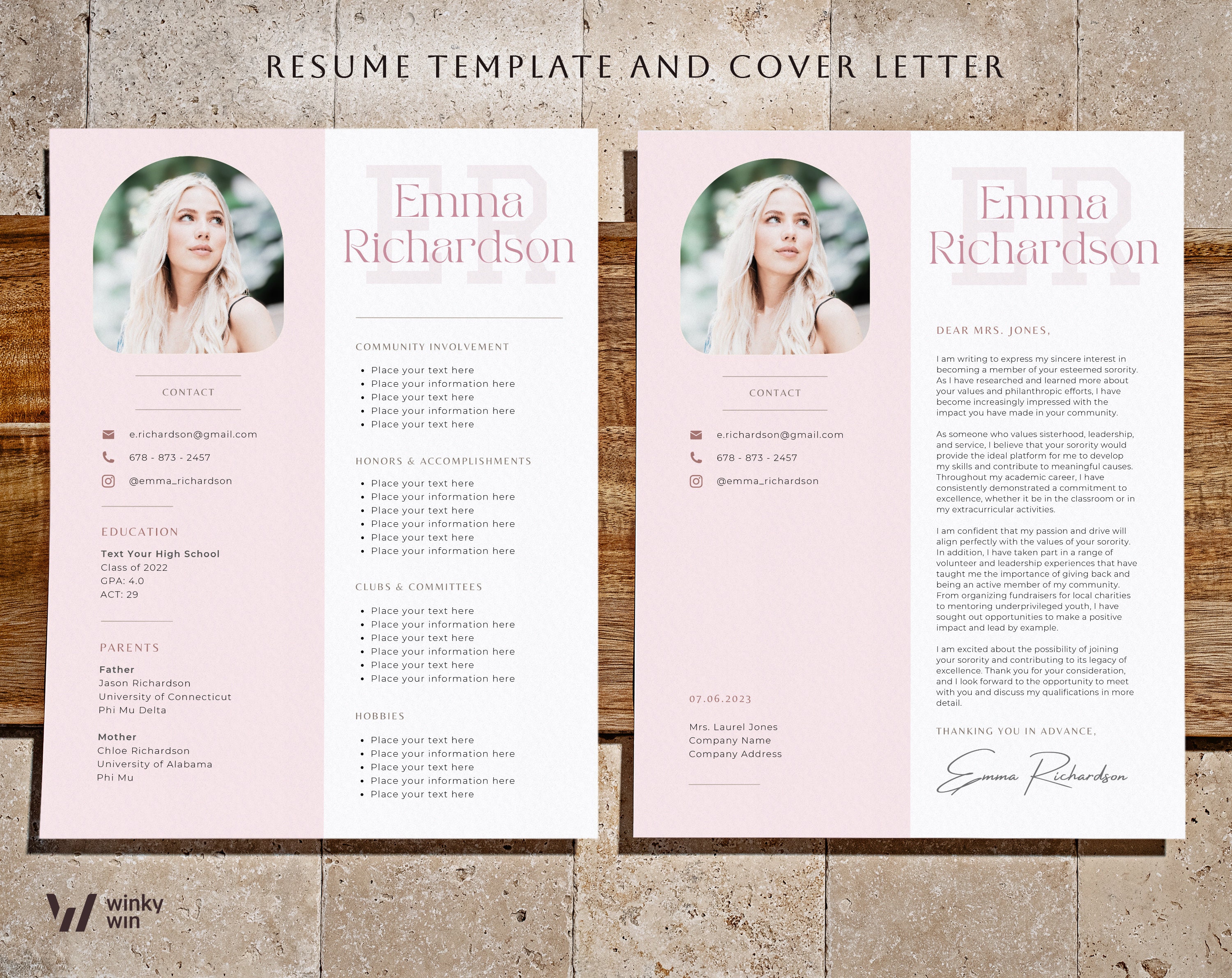 Monogram Pink Sorority or High School Resume Template Rush Resume and ...
