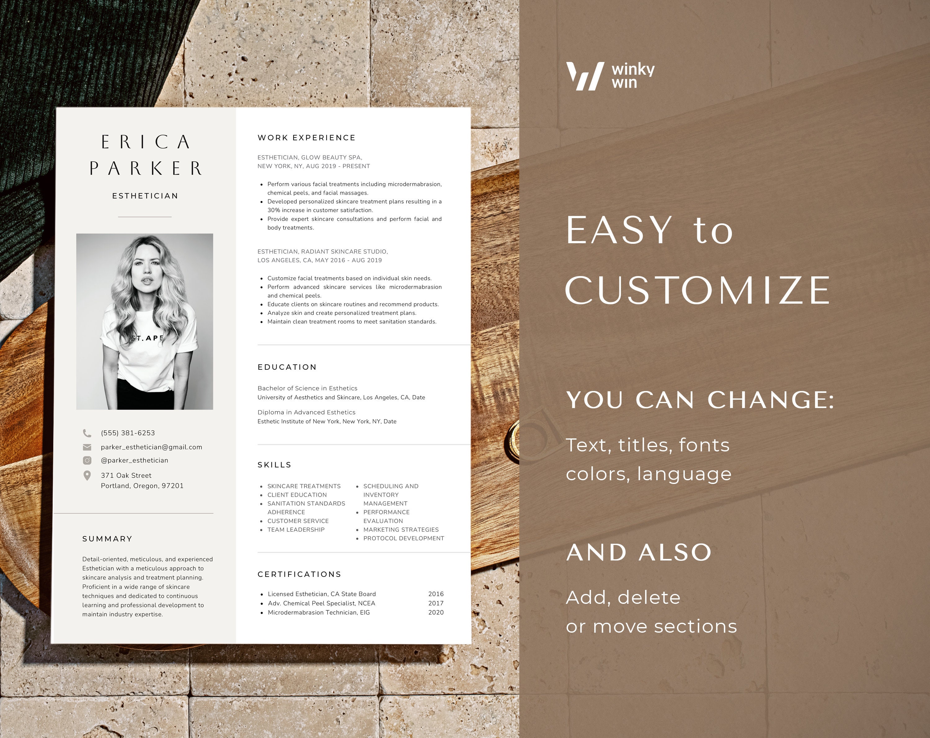 Esthetician Resume Template Canva, Beauty Industry Resume CV Currículum ...
