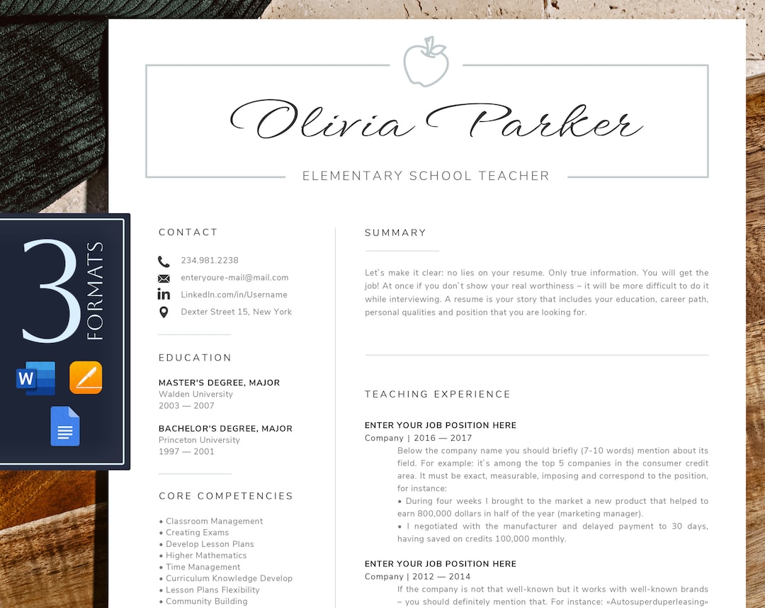 Resume Template Teacher Resume Google Docs Word and Pages - Etsy