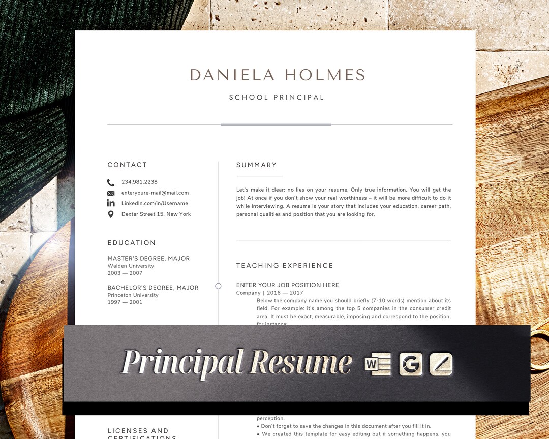 Principal Resume Template Google Docs, Word and Pages, Teacher Resume ...