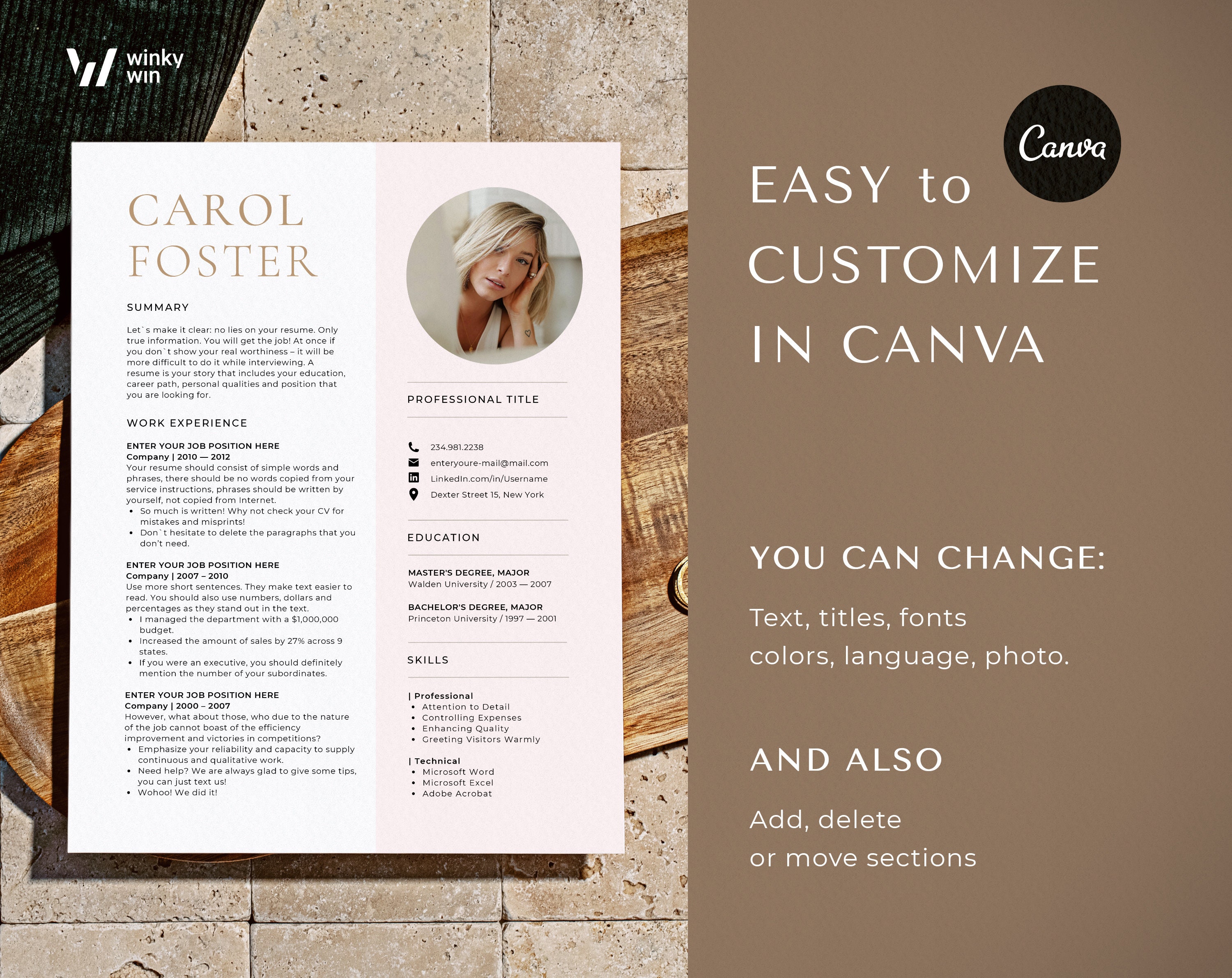 Rose Gold Resume Template Canva Creative Pink Bronze Cv - Etsy