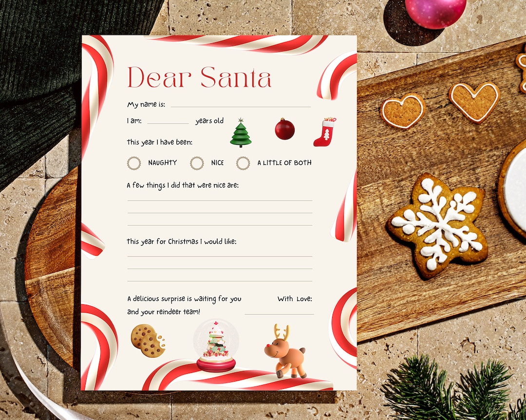 Cute Christmas Letter to Santa Printable, PDF Santa Claus Wish List, Xmas Dear Santa Letter ...