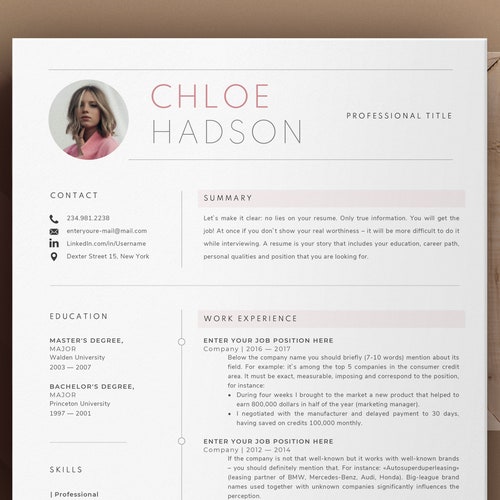 Pink Resume Template Word Mac Pages Rose Creative Resume | Etsy