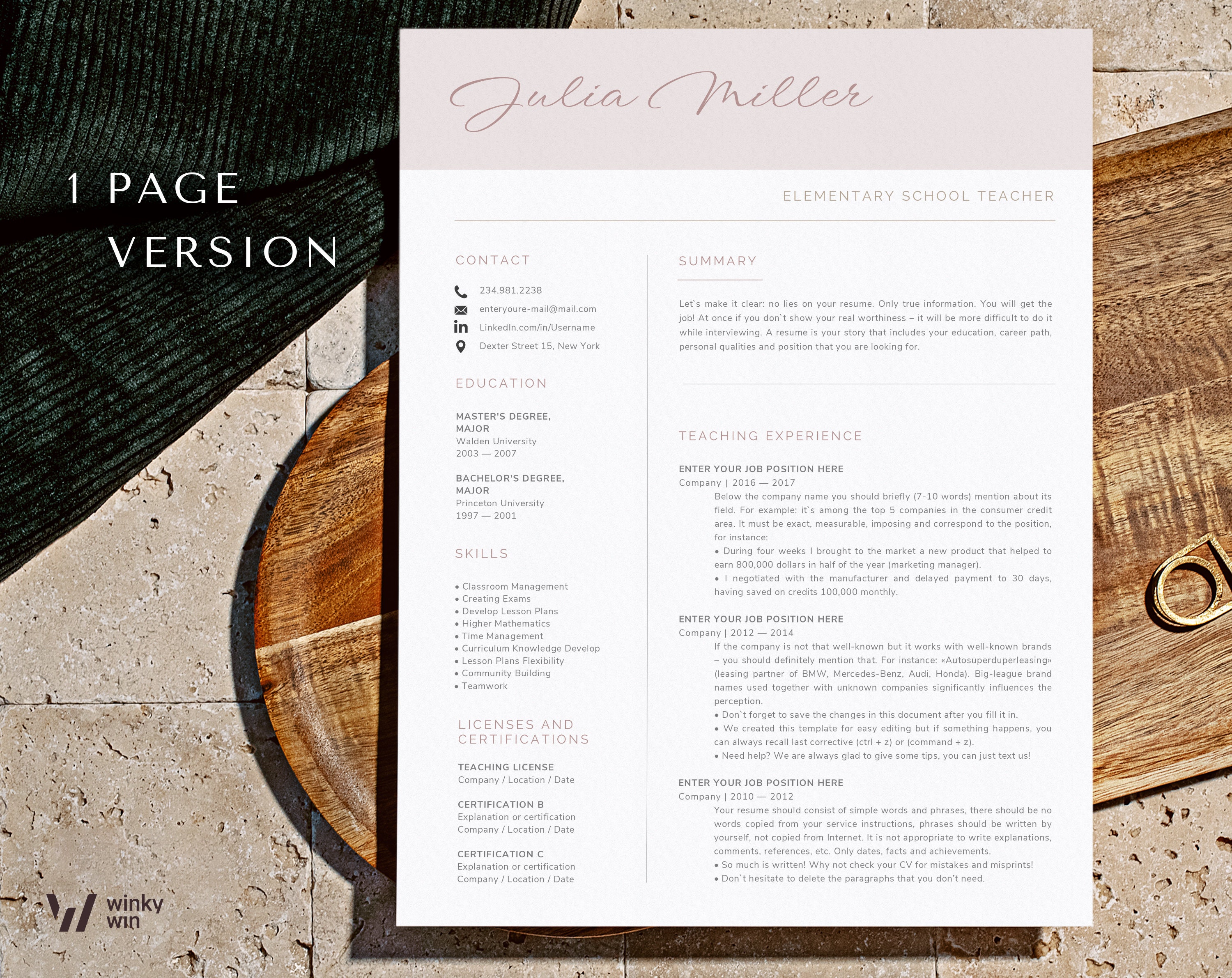 Pink Teacher Resume Template Google Docs, Word, 3 Page Professional ...