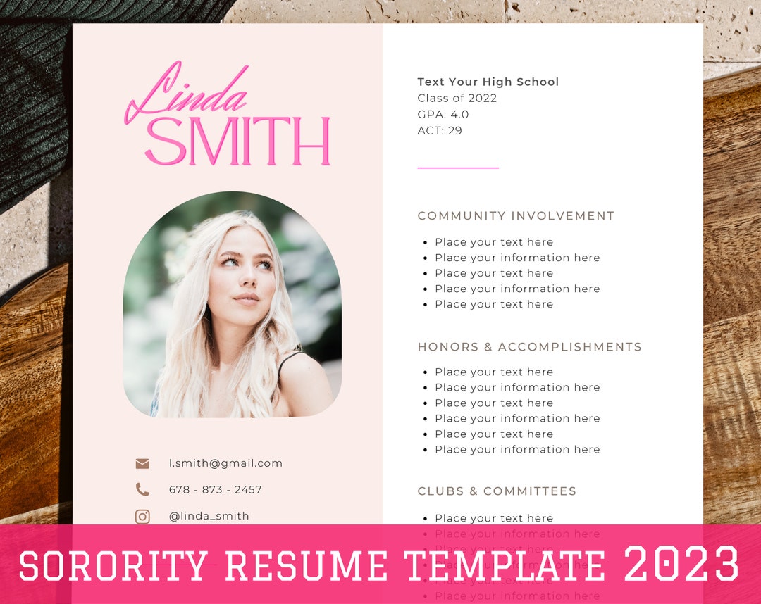 Pink Sorority Resume Template With Photo Sorority Recruitment - Etsy