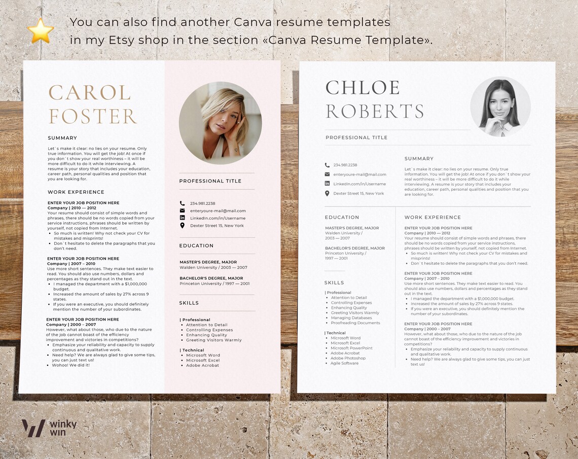 Canva Resume Template With Photo Cv Template Canva 1 Page - Etsy