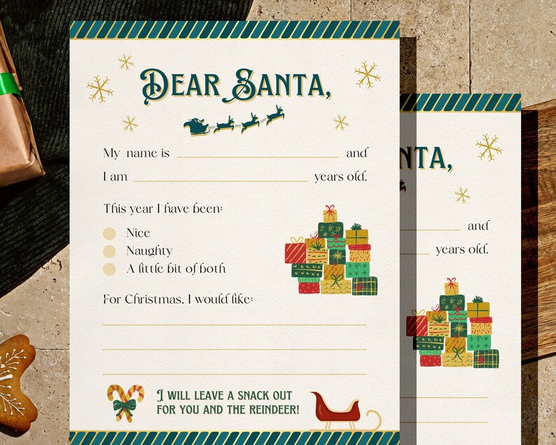 Christmas Letter to Santa Printable, Santa Claus Wish List, Xmas Dear ...