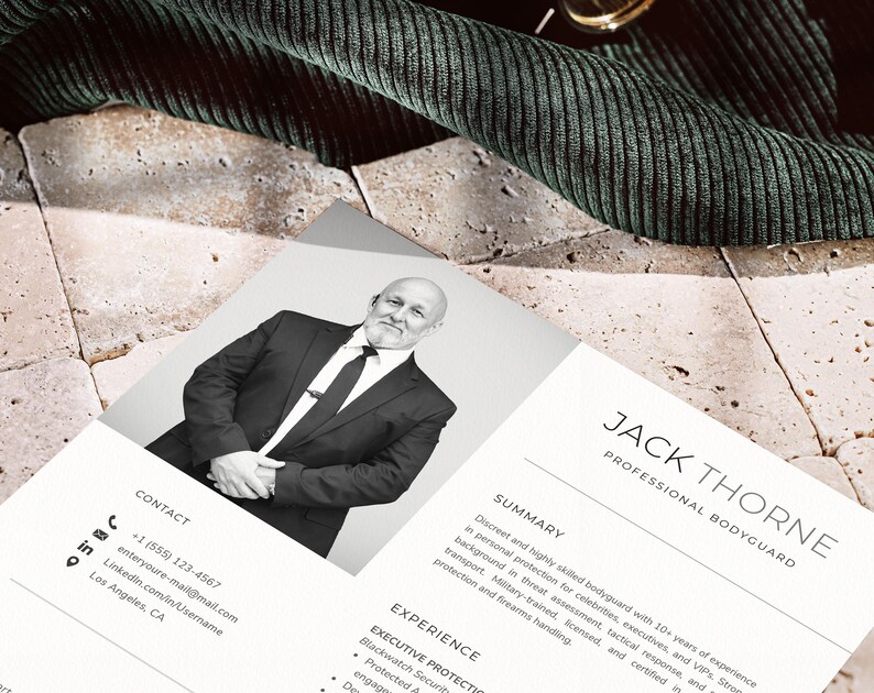 Bodyguard Resume Template, Security Staff Cv Template for Canva, Safety ...