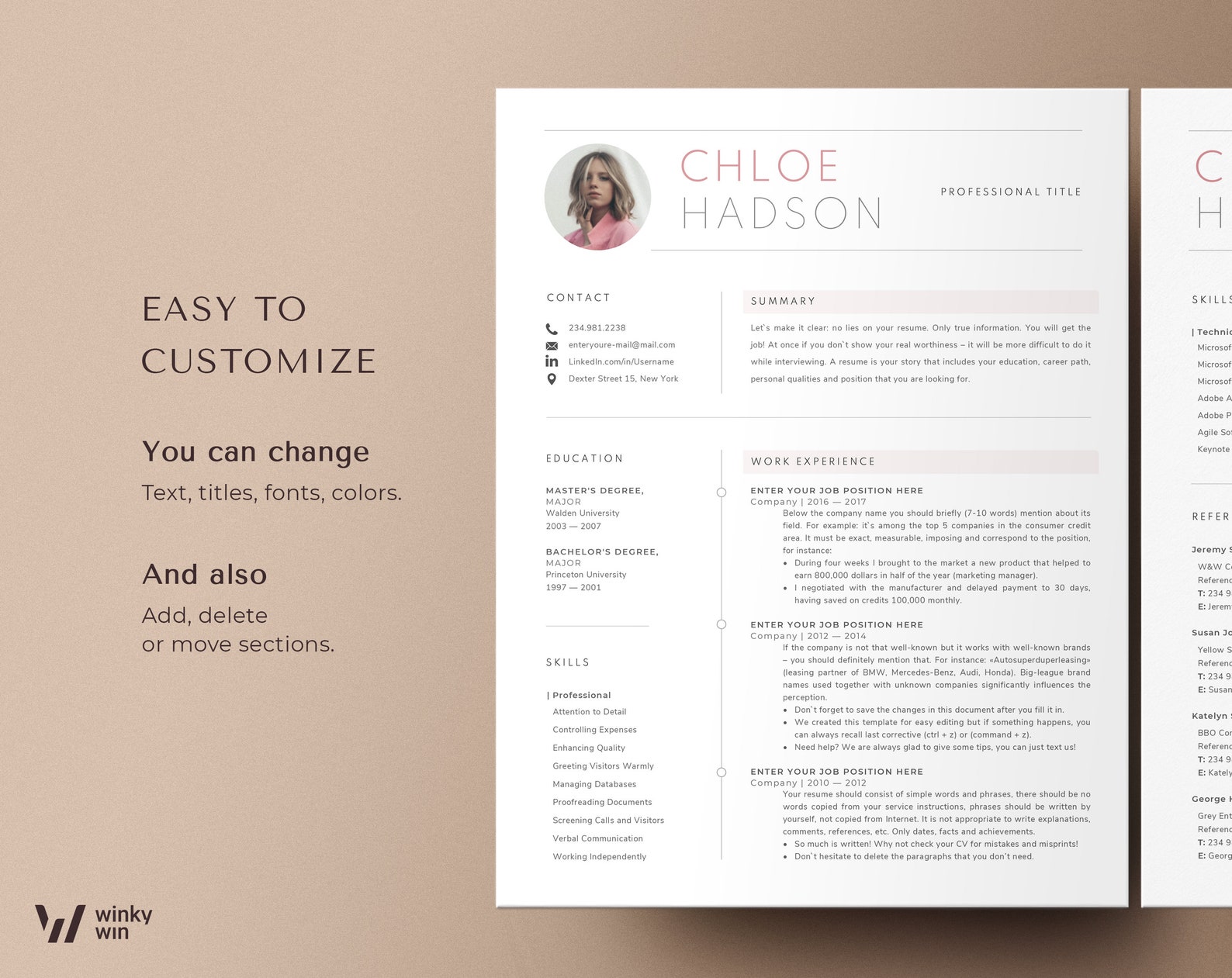 Pink Resume Template Word + Mac Pages | Rose Creative Resume Templates ...