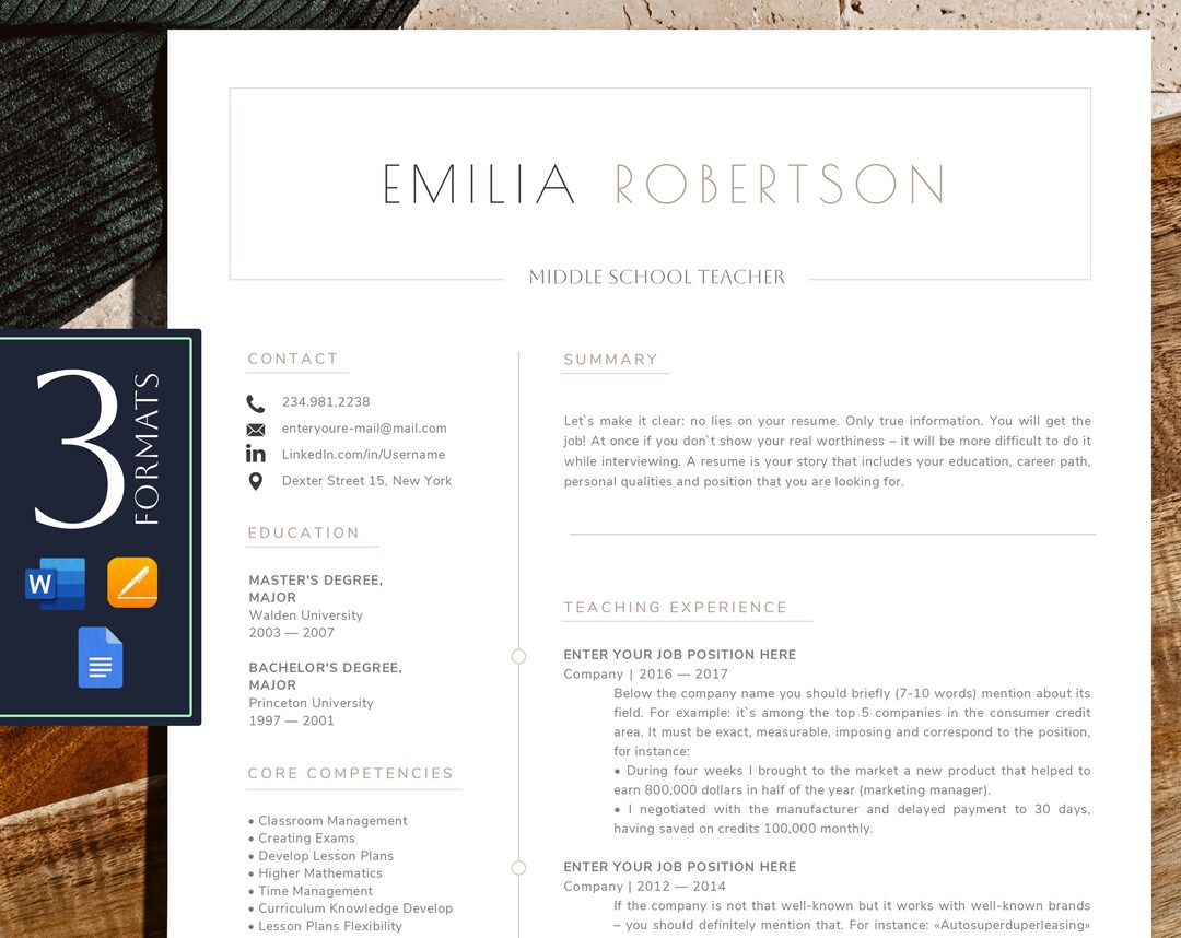 Teaching Resume Template Google Docs, Elementary Teacher Resume Word & Pages, Cv Template for ...