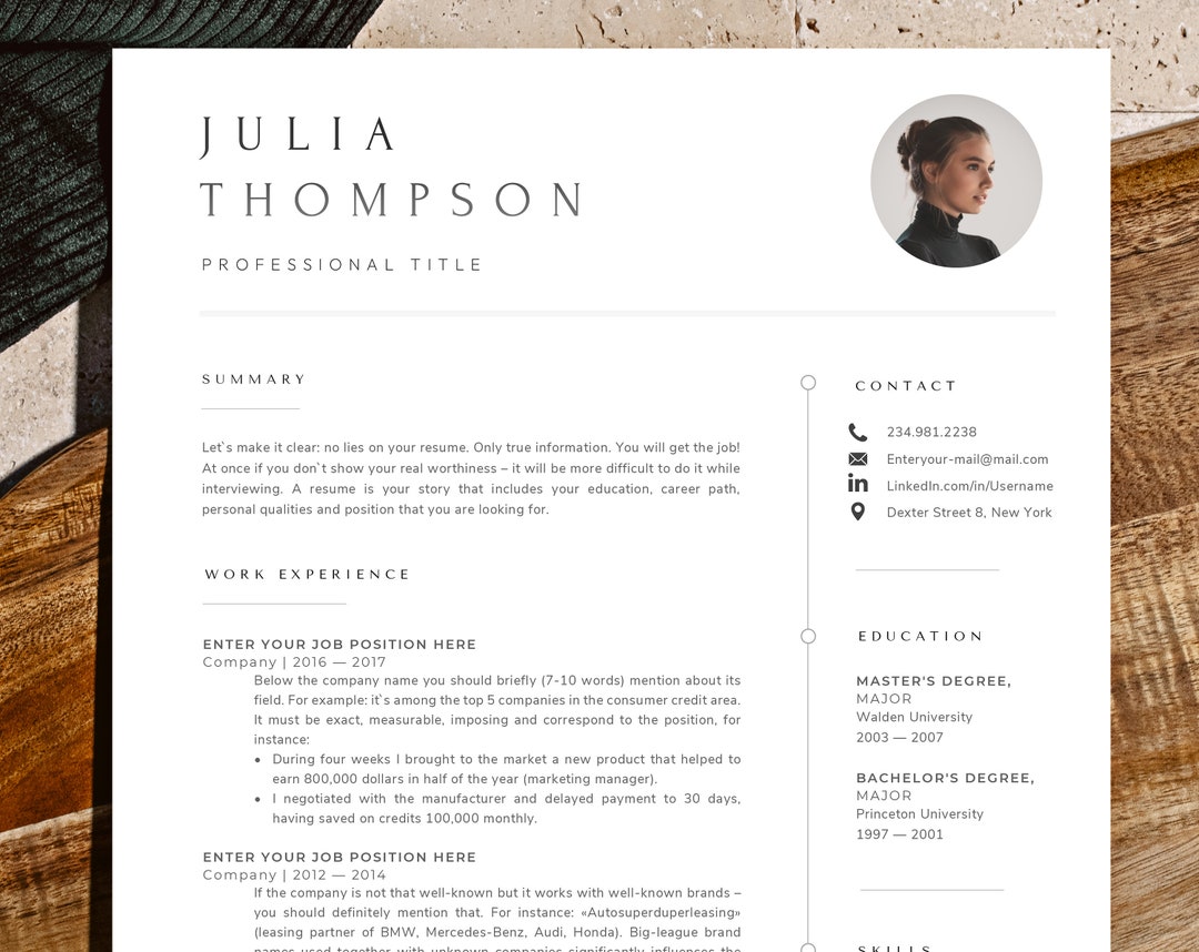 Cv Template Word Minimalist Resume Template Photo 2023 - Etsy