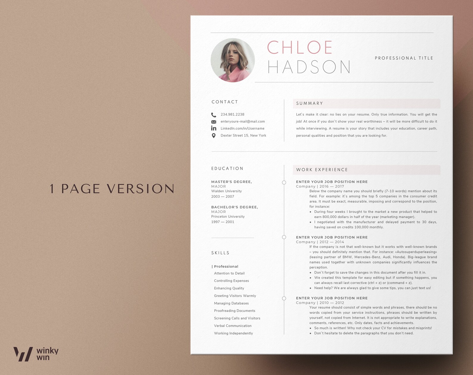 Pink Resume Template Word Mac Pages Rose Creative Resume Etsy