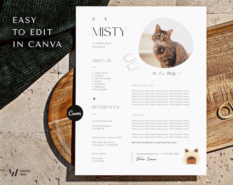 Cat Resume Rental Application, About My Pet Letter, Cat Bio Page ...