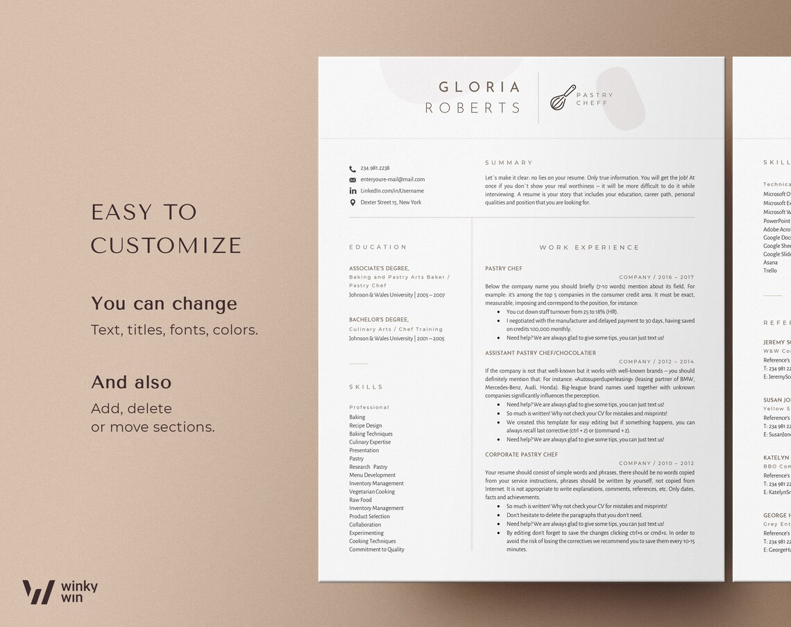 Pastry Chef Resume Template Word Baking Pastry Resume - Etsy