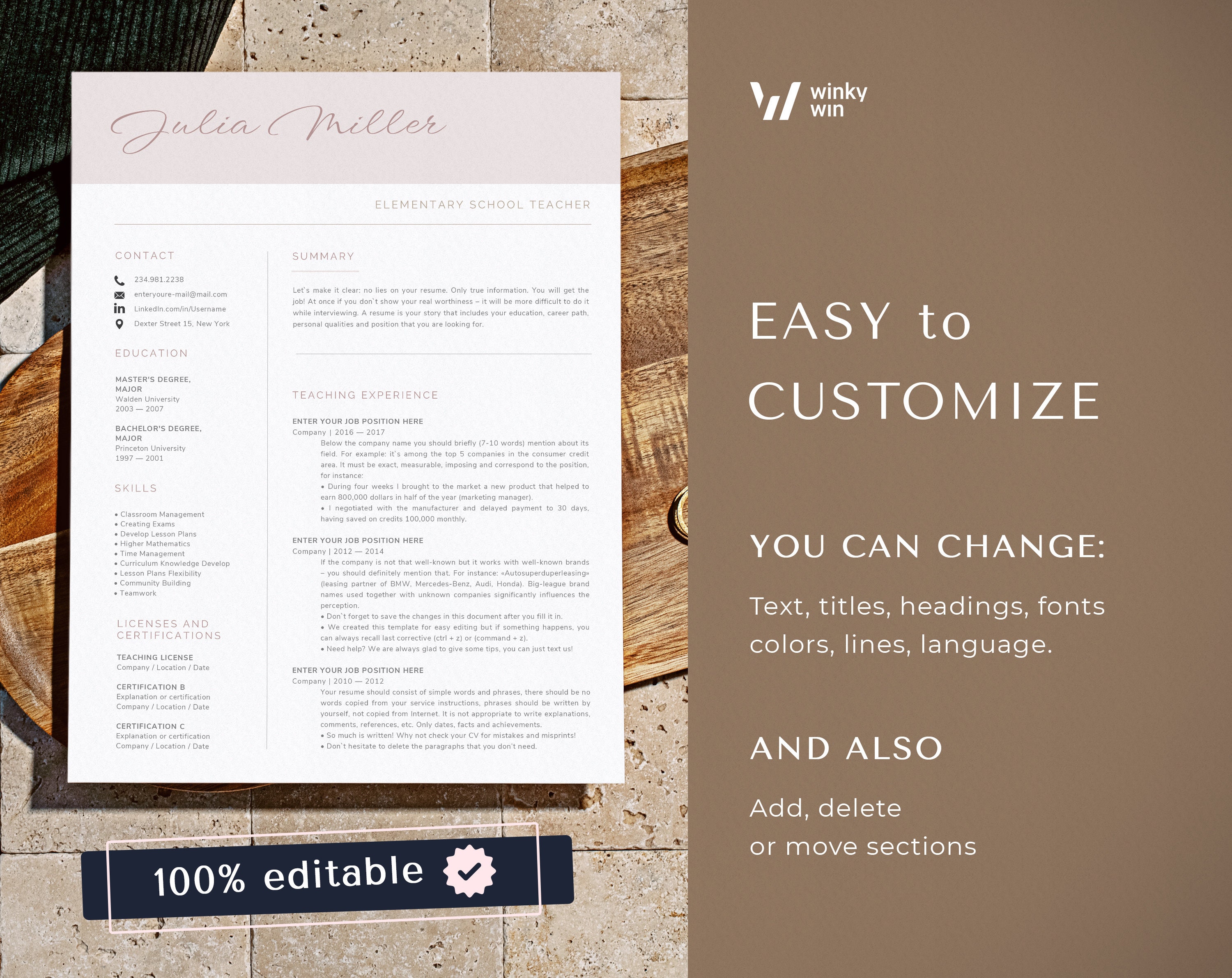 Pink Teacher Resume Template Google Docs, Word, 3 Page Professional ...