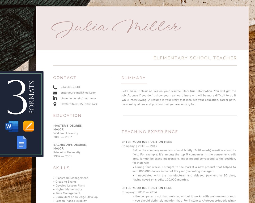 Pink Teacher Resume Template Google Docs Word 3 Page - Etsy