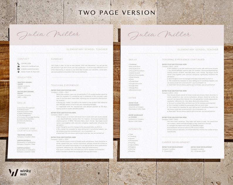 Pink Teacher Resume Template Google Docs, Word, 3 Page Professional ...