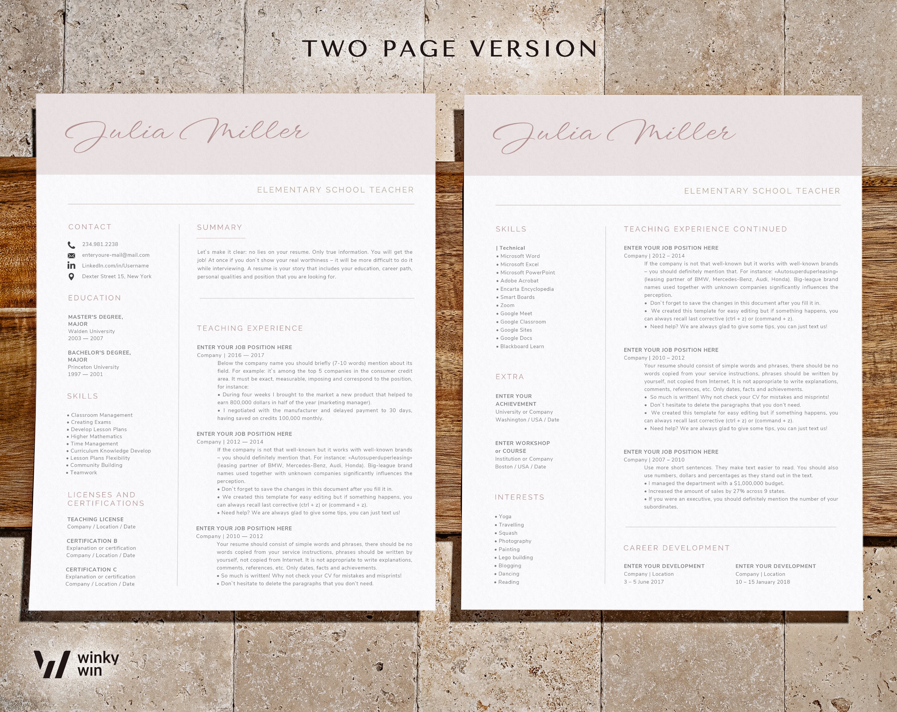 Pink Teacher Resume Template Google Docs, Word, 3 Page Professional ...