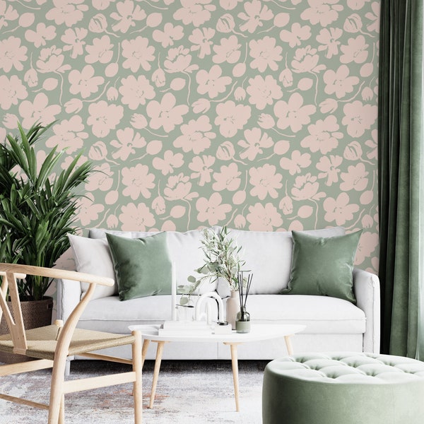 Sage Green Floral Wallpaper - Etsy