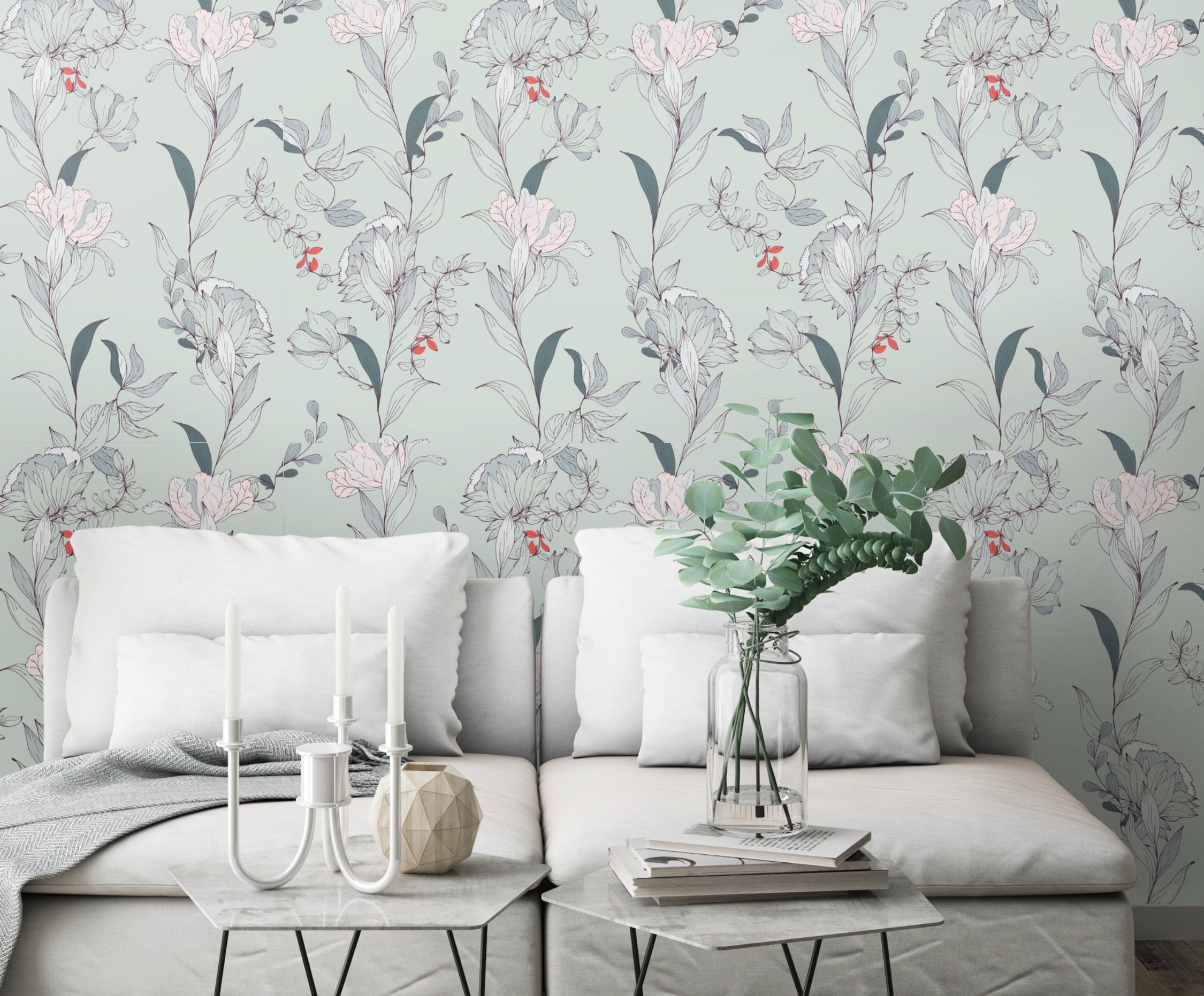Sage Green Floral Wallpaper Botanical Peel and Stick Accent - Etsy