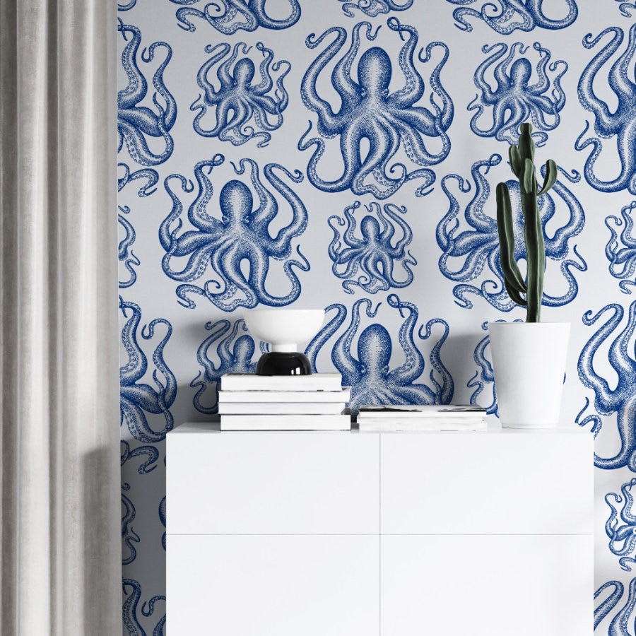 Blue Octopus Wallpaper in Peel and Stick Self Adhesive Squid - Etsy