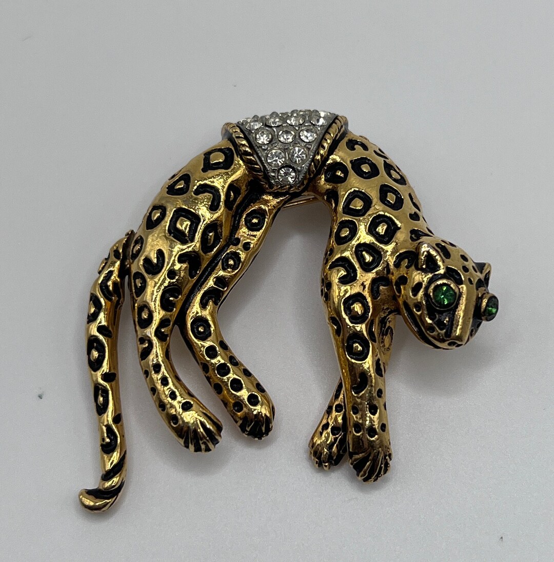 Vintage Florenza Leopard Cat Green Eyes Rhinestone Reticulated Brooch ...