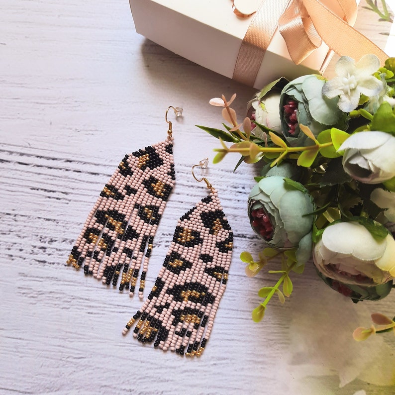 Handmade Leopard Fringe Earrings: Seed Beaded Animal Print - Etsy