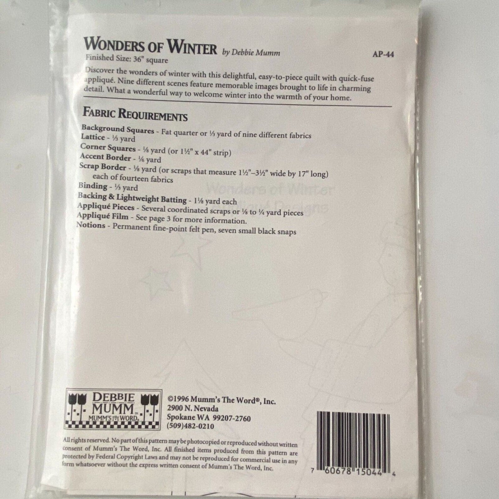Debbie Mumm AP44 Wonders of Winter Quilt Pattern 36 X 36 1996 Sewing ...