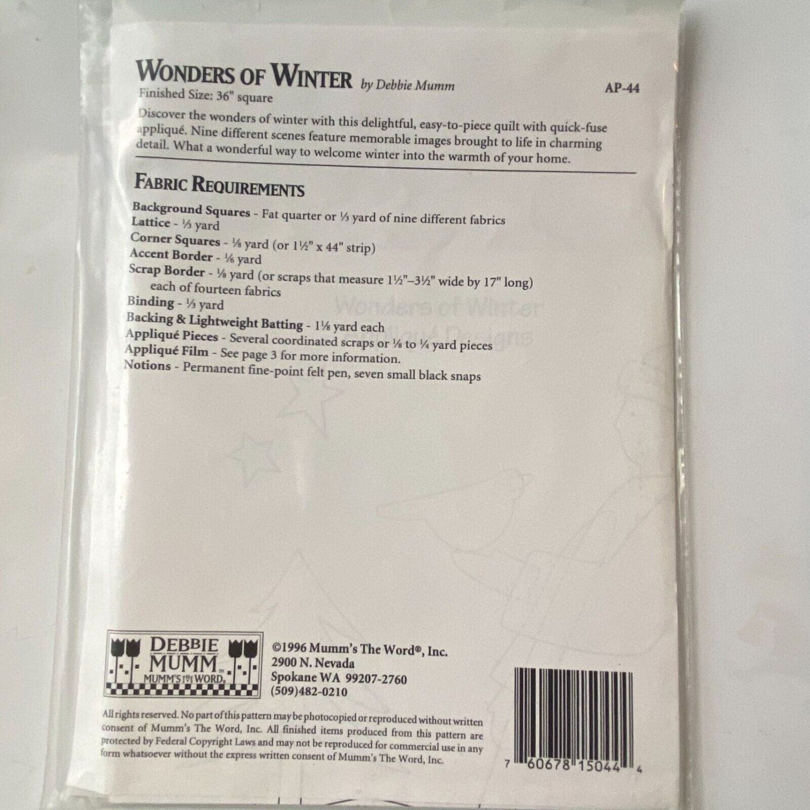 Debbie Mumm AP44 Wonders of Winter Quilt Pattern 36 X 36 1996 Sewing ...