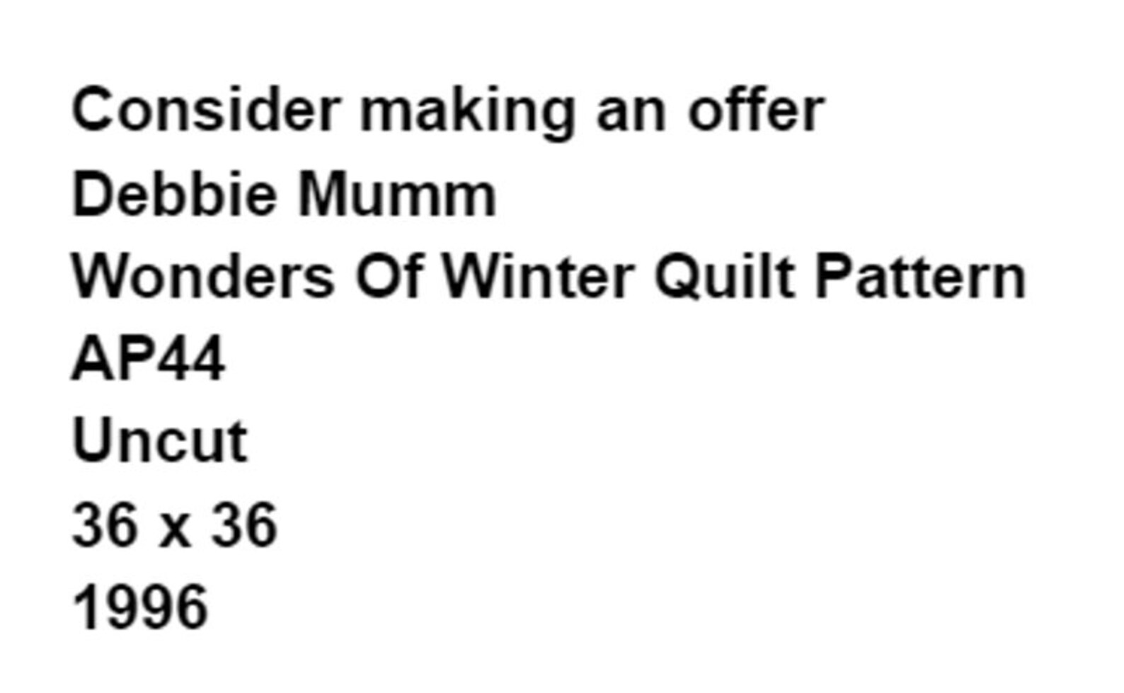 Debbie Mumm AP44 Wonders of Winter Quilt Pattern 36 X 36 1996 Sewing ...