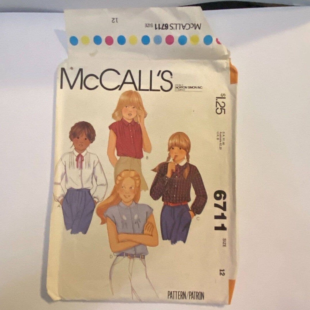 Mccalls 6711 Sewing Pattern Size 12 Bust 25.5 Blouse 1979 Girls Vintage ...