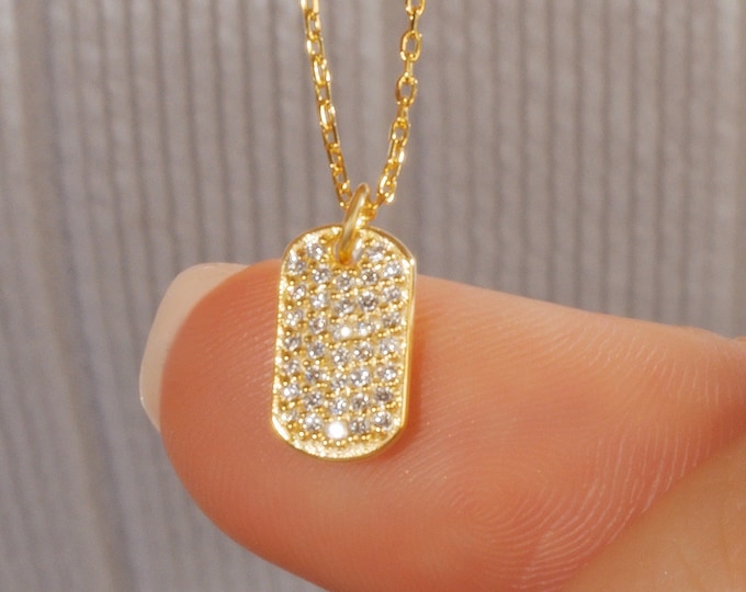 Diamond Dog Tag Necklace / 14k Gold or Silver Diamond Dog Tag - Etsy