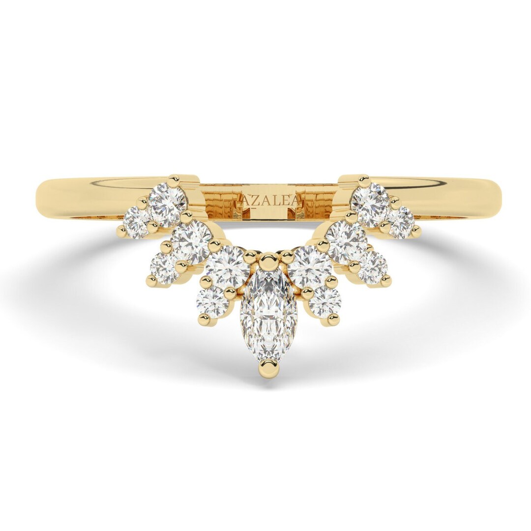 Curved Diamond Wedding Band / 14k Gold Marquise and Round Diamond ...