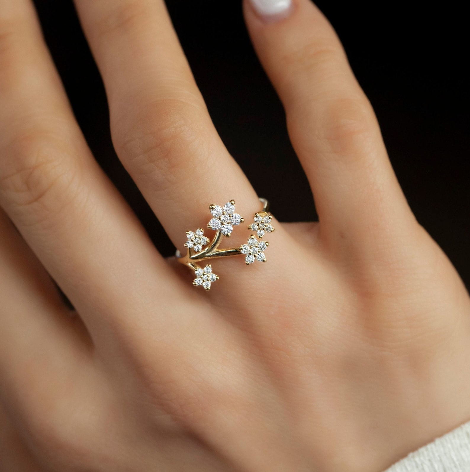 Diamond Floral Design Ring / 14k Gold Diamond Flower Ring / Flower ...