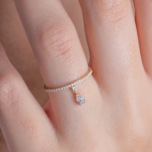 Dangling Diamond Charm Ring / 14k Solid Gold Diamond Dangle Ring ...