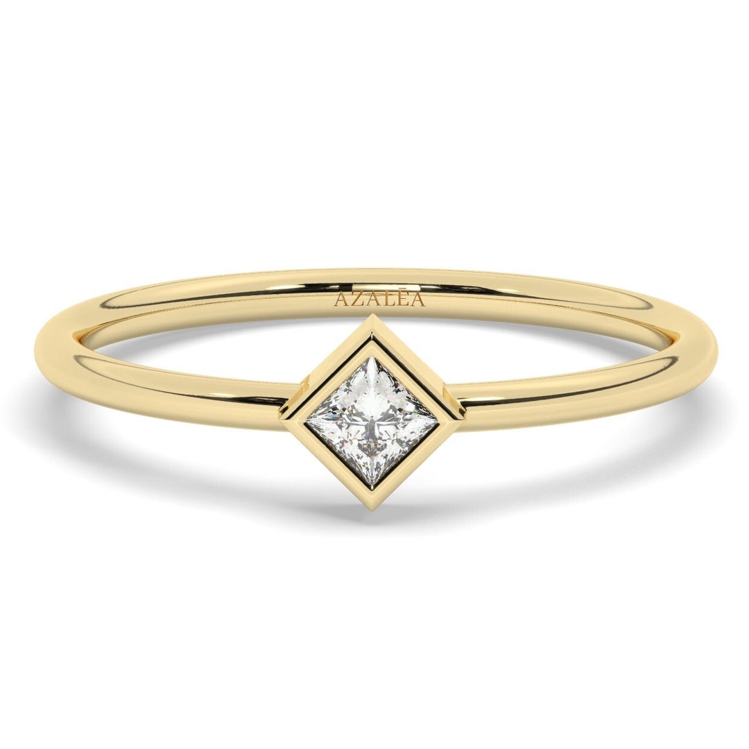 Diamond Stacking Ring / 14k Gold Princess Cut Diamond Bezel Set Ring ...