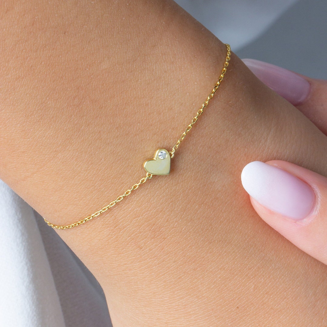 Diamond Heart Bracelet / Mini Heart Bracelet / Dainty Heart Bracelet ...