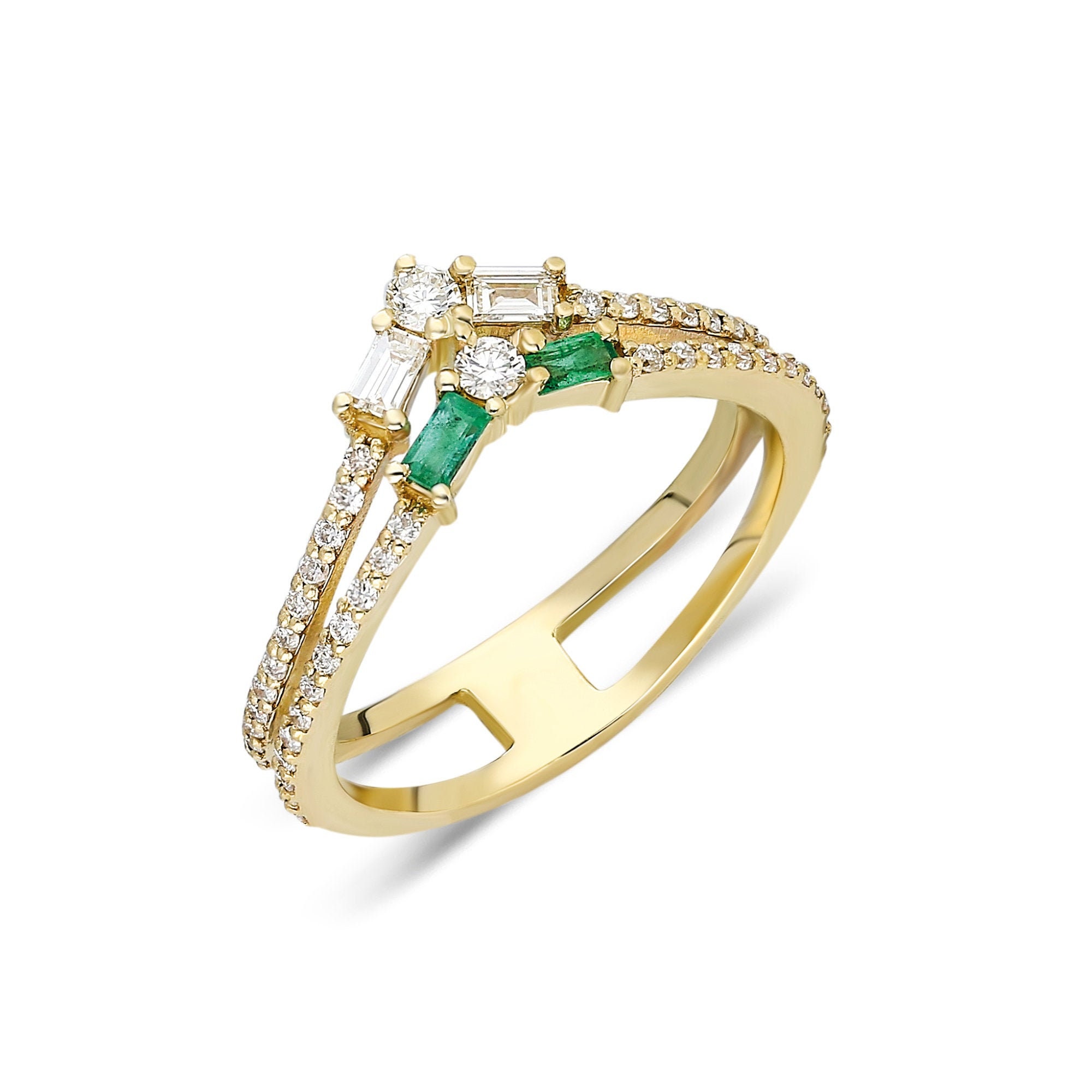 Emerald Diamond Stacking Ring / 14k Gold Baguette and Round | Etsy