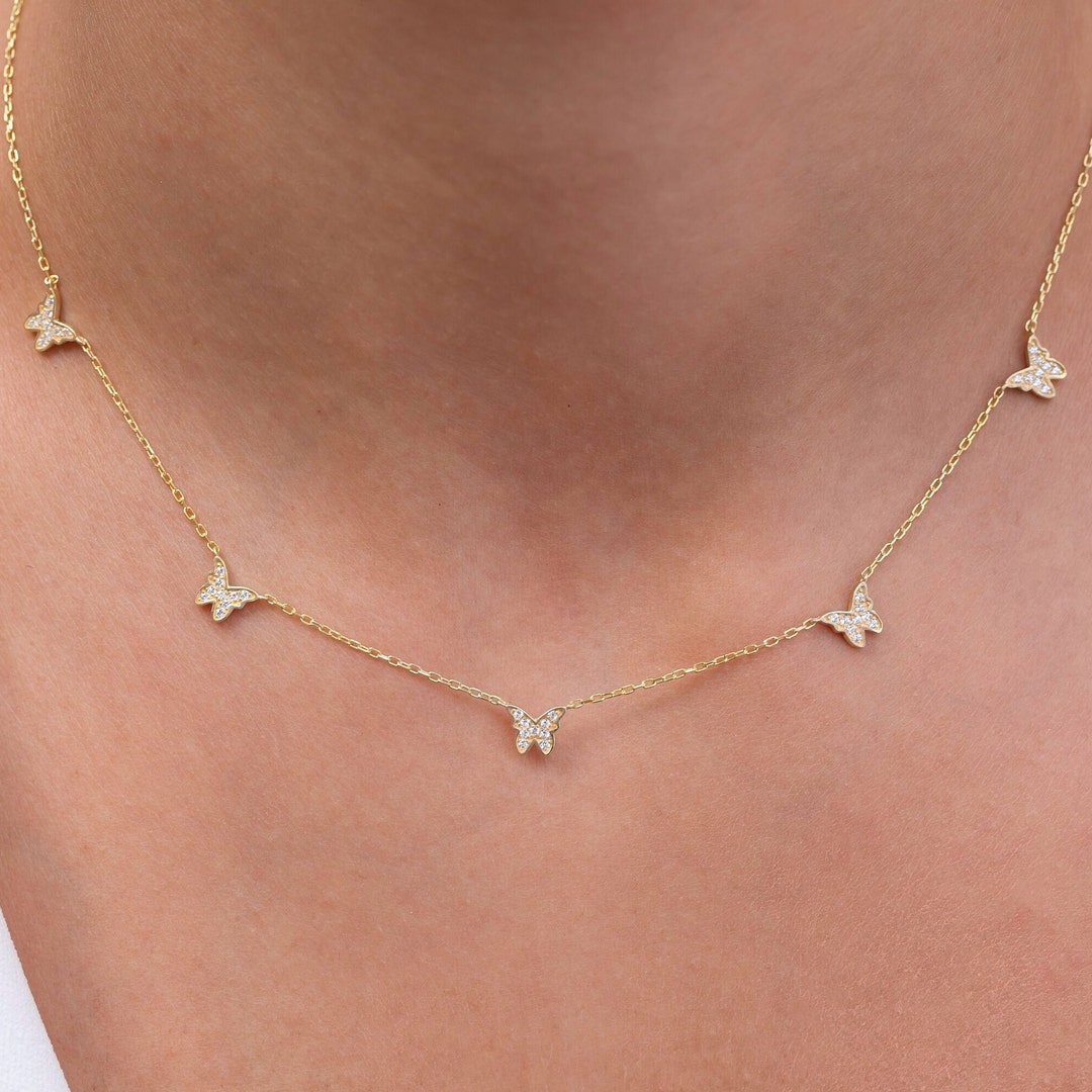 14k Gold Diamond Butterfly Station Necklace, Dainty Charm Necklace - Etsy
