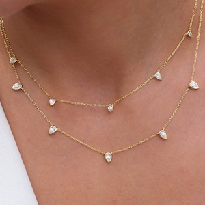 Diamond Tear Drop Station Necklace / 14k Gold Pear Diamond Station ...